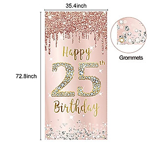 25th Birthday Door Banner Decorations for Women, Pink Rose Gold Happy 25 Birthday Backdrop Sign Party Supplies, Large 25 Year Old Birthday Poster Door Cover Decor
