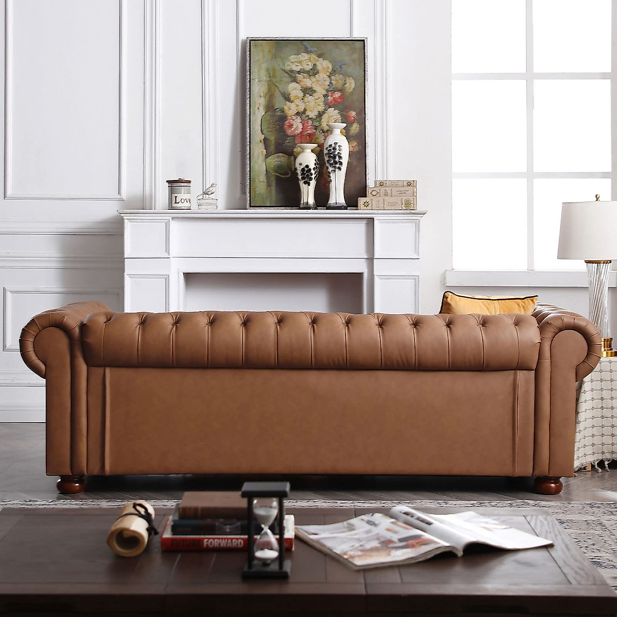 Neylory Leather Couches for Living Room, 3 Seater Classic Chesterfield Sofa Couch with Button Tufted Back and Roll Arms, 88.5-Inch Faux Leather Sofa with Nailhead Trim and Solid Wood Legs (Brown)