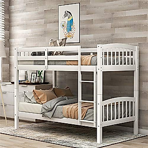 CJLMN Twin Over Twin Bunk Beds, Convertible Into Two Individual Solid Wood Beds, Children Twin Sleeping Bedroom Furniture Ladder and Safety Rail for Kids Boys & Girl, Easy Assembly (White)