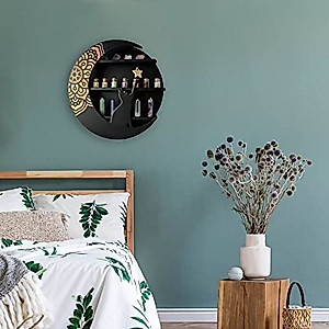 Natural Wood Round Wall Shelf With Star Moon And Cute Cat,Unique Decorative Floating Shelf For Crystals, Stones. Easy Install For Bedroom, Living Room And Kids Room. 12 x 12 x 3.5 in (Matte Black)