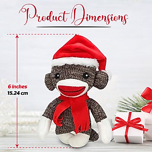 Plushland Sockiez Christmas Sock Monkey 6 Inches, with Santa Hat - Stuffed Animals Toy, Best Xmas Gift for Kids, Girls, Boys On This Holiday (Christmas)
