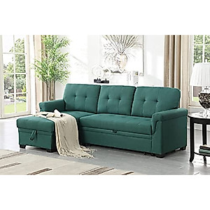 Lilola Home Linen Reversible Sleeper Sectional Sofa with Storage Chaise, Green