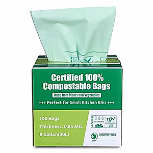 Primode 100% Compostable Bags, 8 Gallon (30L) Food Scraps Yard Waste Bags, 100 Count, Extra Thick 0.85 Mil. ASTM D6400 Compost Bags Small Kitchen Trash Bags, Certified by BPI & TUV