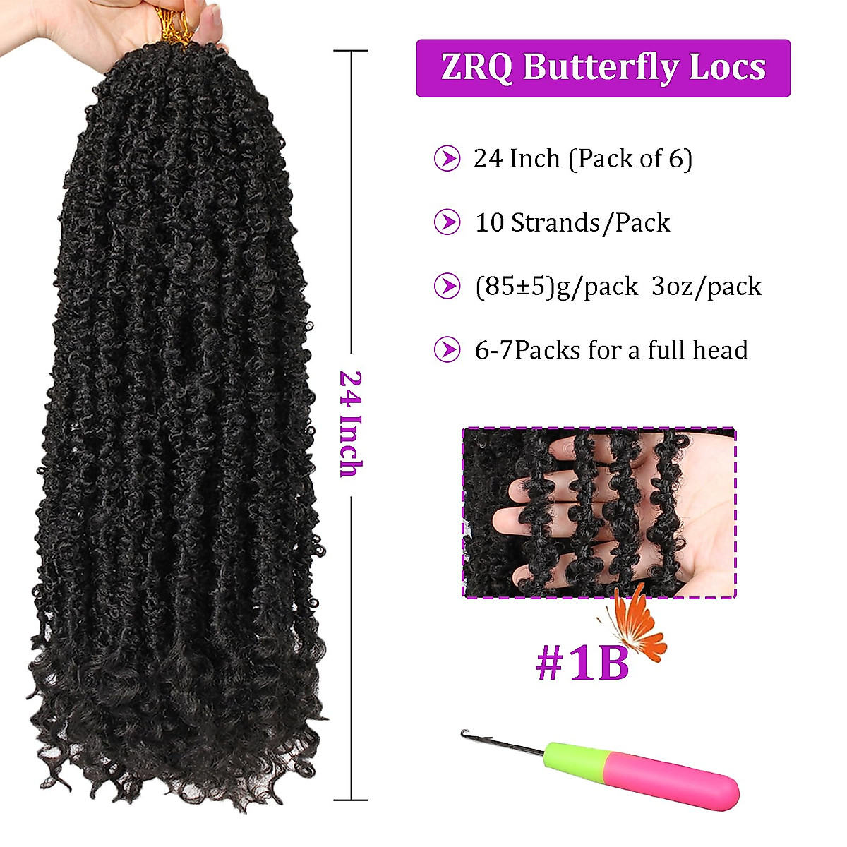 ZRQ Butterfly Locs Crochet Hair With Curly Ends 24 Inch 6 Packs Pre Looped Long Butterfly Soft Locs Distressed Butterfly Faux Locs Synthetic Goddess Locs Hair Extensions (24 Inch, 1B#)