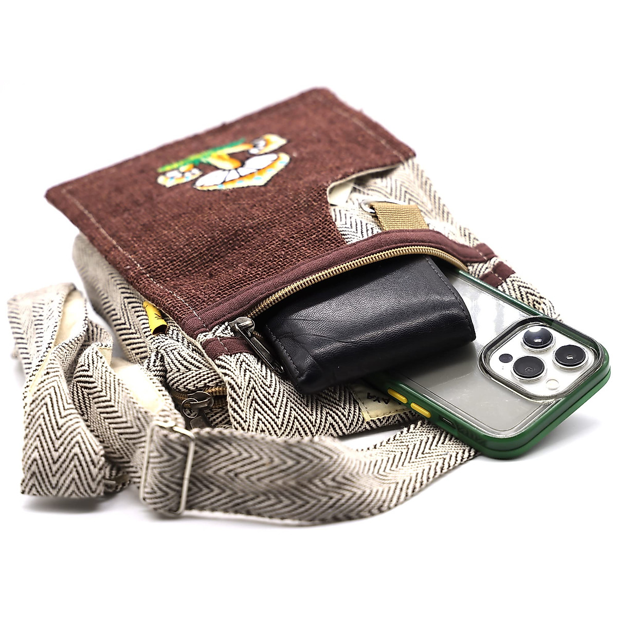 Himalaya Handmade Unique design Mushroom Embroidery Hemp Hobo Passport crossbody bag Festival Travel Bag 100% Himalaya Hemp FAIR TRADE Brown