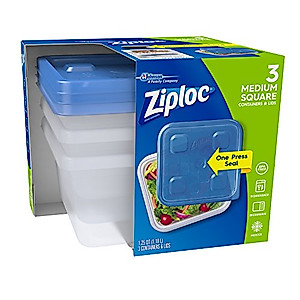 Ziploc Food Storage Meal Prep Containers with One Press Seal, For Travel and Organization, Dishwasher Safe, Medium Square, 3 Count