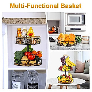 ETECHMART Fruit Basket, Vegetables Countertop Bowl Storage With Banana Hanger, Detachable Bread, Snacks Baskets Holder Large Capacity Fruit Tray (Bamboo&Iron - 3 Tier)