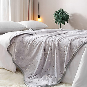 Glow in The Dark Throw Blanket for Kids, Soft Fleece Blanket for Couch Bed, Outdoor Fuzzy Blanket with Galaxy Planet Pattern, Birthday Gifts for Girls Boys and Toddler Grey 50x60 Inch