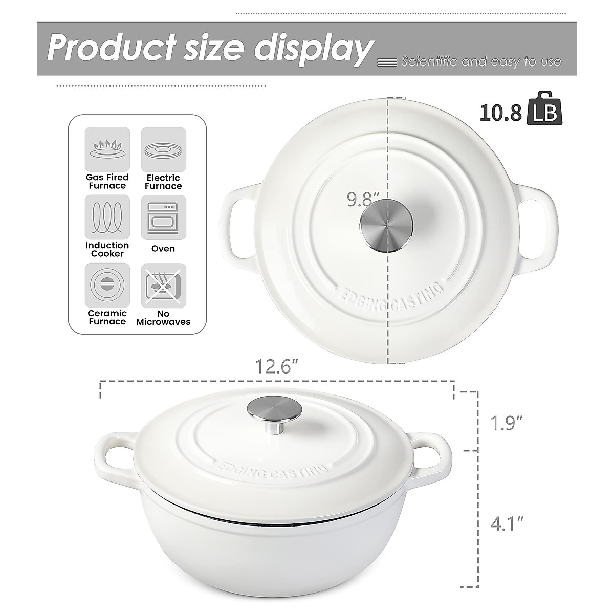 EDGING CASTING Cast Iron Dutch Ovens With Lid Dual Handle Enameled Dutch Oven, 3.5 Quart, White