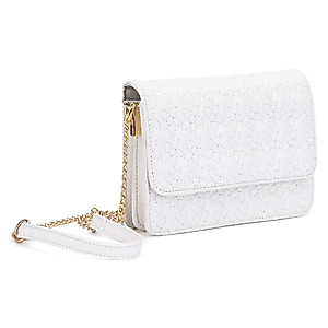 Olivia Miller Women's Fashion Rose Flower Embroidered Faux PU Leather Front Flap w Multi Compartment Off White Crossbody Bag Everyday Small Evening Casual Work Purse Handbag