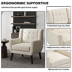 UIXE Comfy Arm Accent Chairs for Bedroom, Mid Century Modern Armchair Living Room Sofa Chair with Wooden Legs, Linen Fabric Button Tufted Upholstered Reading Chair for Home Office (Beige)