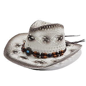jiaoji Men & Women's Woven Straw Cowboy Cowgirl Straw Hat Cowboy Hats for Women Cowboy Hat Shapeable Brim, Beach Cowgirl (White-DimGray/Beads)