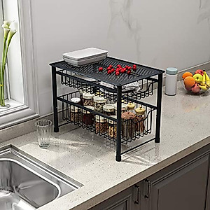 MAX Houser 2-Tier Stackable Organizer Baskets with Metal Sliding Drawers for Pantry, Under the Sink, Desktop Organizer for Bathroom,Kitchen, Office (Charcoal Grey)