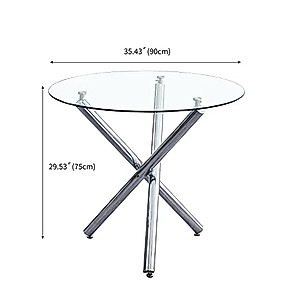 ROOIOME Round Glass Dining Table Set 3 Pieces Dining Table Chair Set for Home Kitchen Round Tripod Chrome Legs Table with 2 PU Chairs, Contemporary Dining Room Furniture Set for Small Space