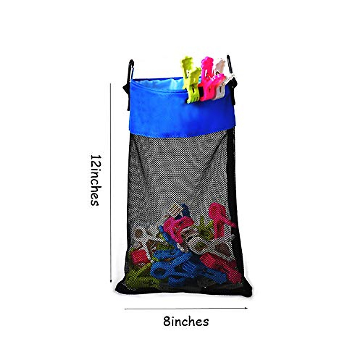 XQBAG Mesh Clothespin Bag, Large-Capacity Clothespin Storage Organizer with Hooks, Multi-Purposes Storage Mesh Bag Drawstring Closure Bag (Blue)