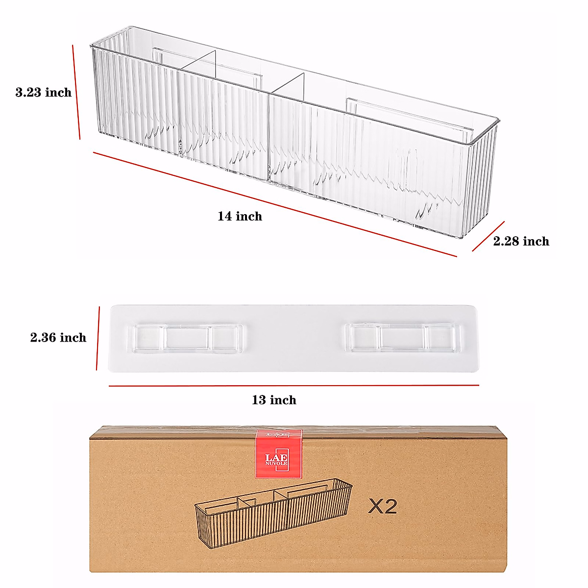 2 Pack Bathroom Makeup Organizer Wall Mount Clear Bathroom Organizers and Storage with 3 Compartments Plastic Storage Organizer Bins Floating Shelves for Wall, Narrow Space, Office, Bedroom 14''Length