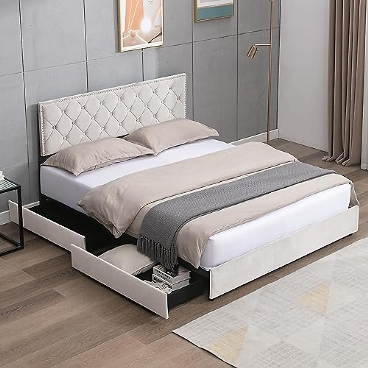 Mjkone Queen Platform Bed Frames with 4 Storage Drawers, Velvet Upholstered Bed Frame Has Adjustable Button Tufted Headboard, No Box Spring Needed/Easy Assembly/No Mattress (Beige, Queen Size)