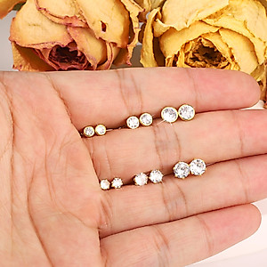 Gold Cubic Zirconia Earrings Studs for Women 14K Gold Plated Stud Earrings Set Hypoallergenic Tiny Studs for Girls（6 Pairs）