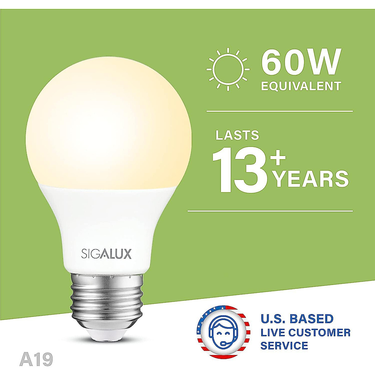 Sigalux LED Light Bulbs 60 Watt Equivalent A19 Standard Light Bulbs 2700K, Non-Dimmable Energy Efficient 9.5W LED Soft White Light Bulb with E26 Medium Base, 800 Lumens, UL Listed, 16 Pack