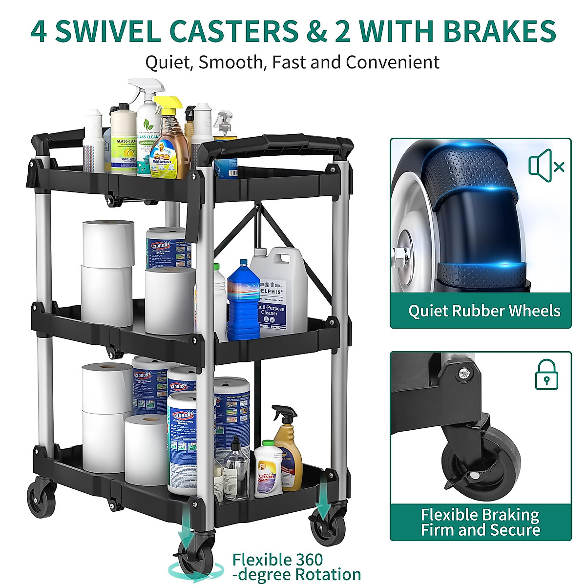 YITAHOME Folding Utility Service Cart, 240LBS 3 Tier Foldable Cart with Wheels Collapsible Cart on Wheels with 360°Swivel Wheels (2 with Brakes), Portable Cart for Home Garage Restaurant Office