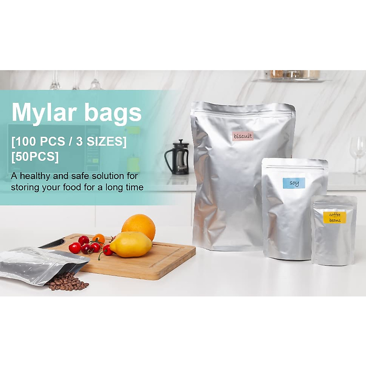100 pcs Mylar Bags, Resealable Bags, Large Mylar Bags for Food Storage, Sealable Bags for Packaging, Aluminum Bags 10 Mil Thickness with 400cc Oxygen Absorbers & 100 Labels, 3 Sizes (10x14, 6x9, 4x6 inches)