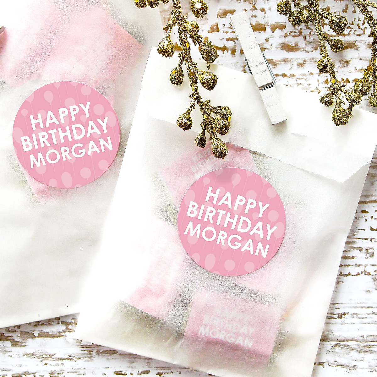 Personalized Happy Birthday Party Favor Stickers with Name - Custom Envelope Seals, Bag Stickers - 1.75 in. Round - 40 Labels (Light Pink)