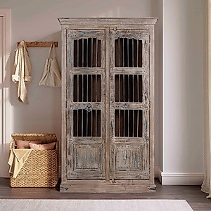 Handmade Farmhouse Style Armoire with Iron Grill 81 Inch Tall Display | Vintage Handcarved White Curio Cabinet | Rustic Distressed Off White Cabinet | Solid Wood Storage Armoire