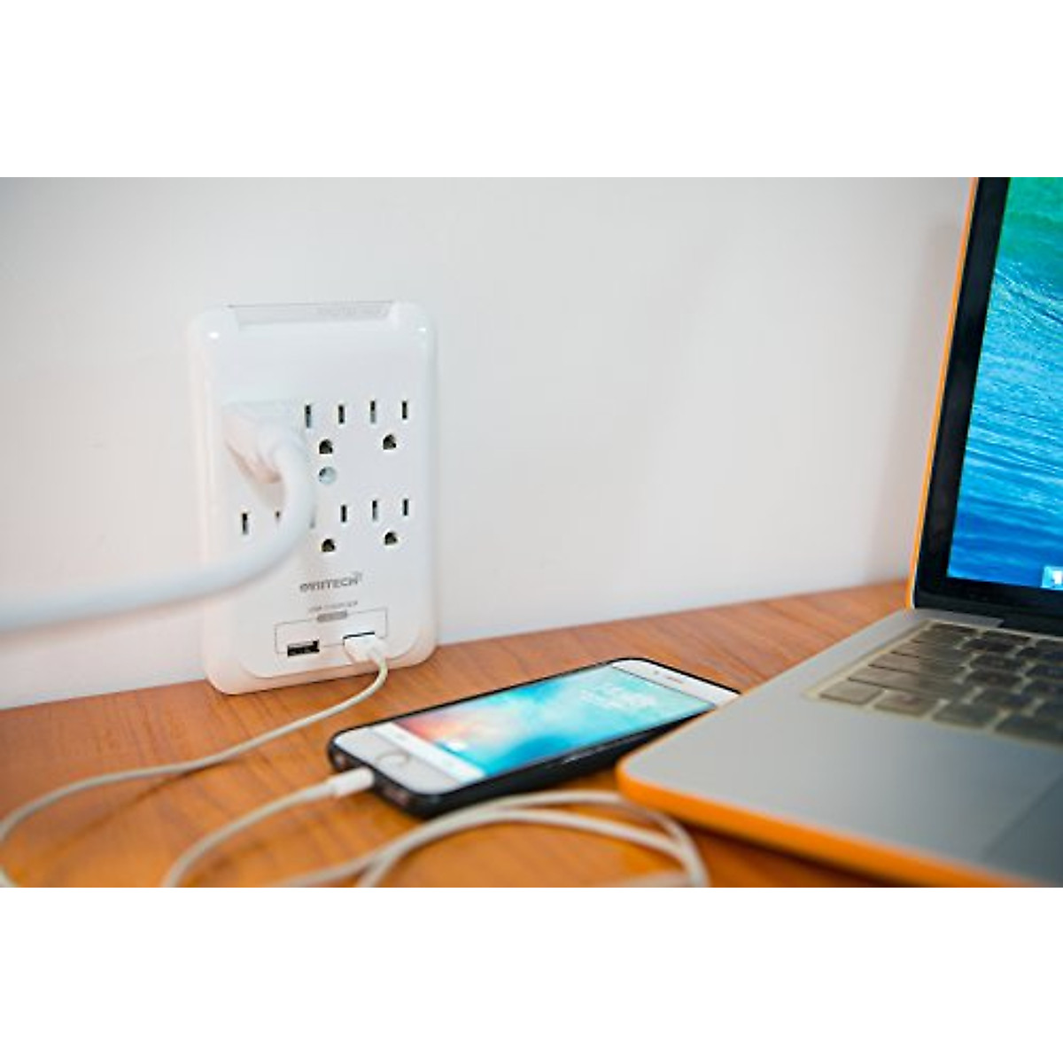 Multi-Function Wall Mount Outlet Adapter, Surge Protector Charging Station, OviiTech Dual 2.1AMP USB Charging Ports,6 AC Socket Outlet Splitter Plugs,White,ETL Certified