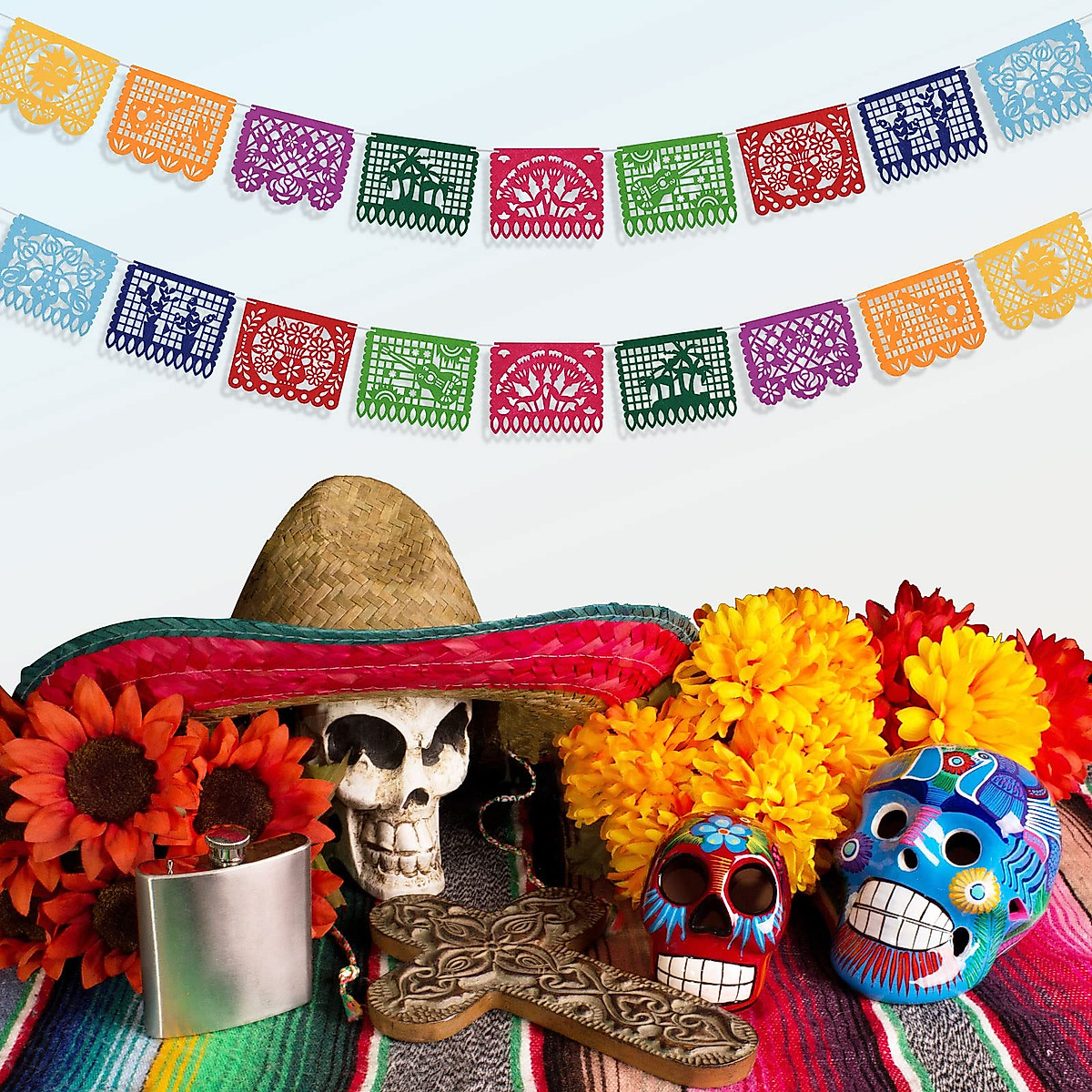 Sainyarh 4 Pieces Day of The Dead Banners Papel Picado Banner Mexican Fiesta Birthday Party Decorations, Felt Dia De Los Muertos Garland, Cinco de Mayo Hanging Flag, Halloween Kids Party Supplies