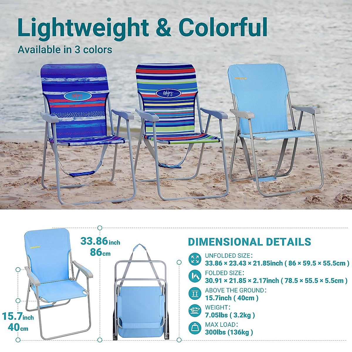 #WEJOY Folding Beach Chair for Adults, Lightweight Beach Chair with Shoulder Straps, High Back Beach Chairs with Hard Armrest, Supports 300lbs for Beach Lawn Concert