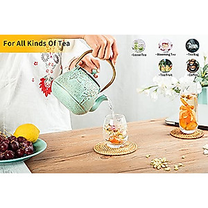 Tea Kettle, TOPTIER Japanese Cast Iron Teapot with Stainless Steel Infuser, Cast Iron Tea Kettle Stovetop Safe, Leaf Design Teapot Coated with Enameled Interior for 32 Ounce (950 ml), Light Green