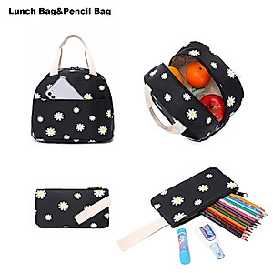 Mimfutu School Backpack for Teen Girls, 3-in-1 Kids Backpack Bookbag Set School Bags with Lunch Box Pencil Case (Flowers Black)