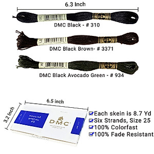 Charming Melodie Black Embroidery Floss, 6 Strand Cotton Yarn, 12/Pack, Includes Black-Brown #3371, Hand Needles, Cross Stitch