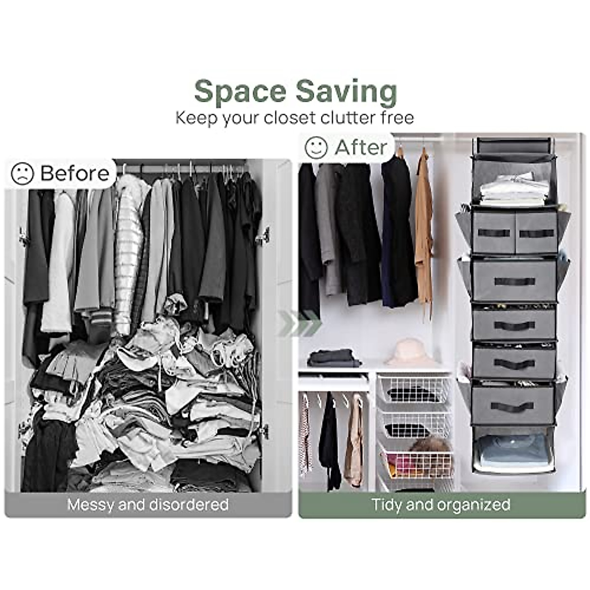 Kootek 7 Shelf Hanging Closet Organizer with Drawers, Hanging Closet Shelves Closet Storage 6 Clothing Drawer Side Pockets for Clothes, Bras, Socks, Underwear, Nursery Room, Wardrobe