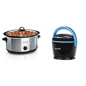 Crock-Pot 7 Quart Oval Manual Slow Cooker, Stainless Steel (SCV700-S-BR) & Electric Lunch Box, Portable Food Warmer for On-the-Go, 20-Ounce, Black/Blue