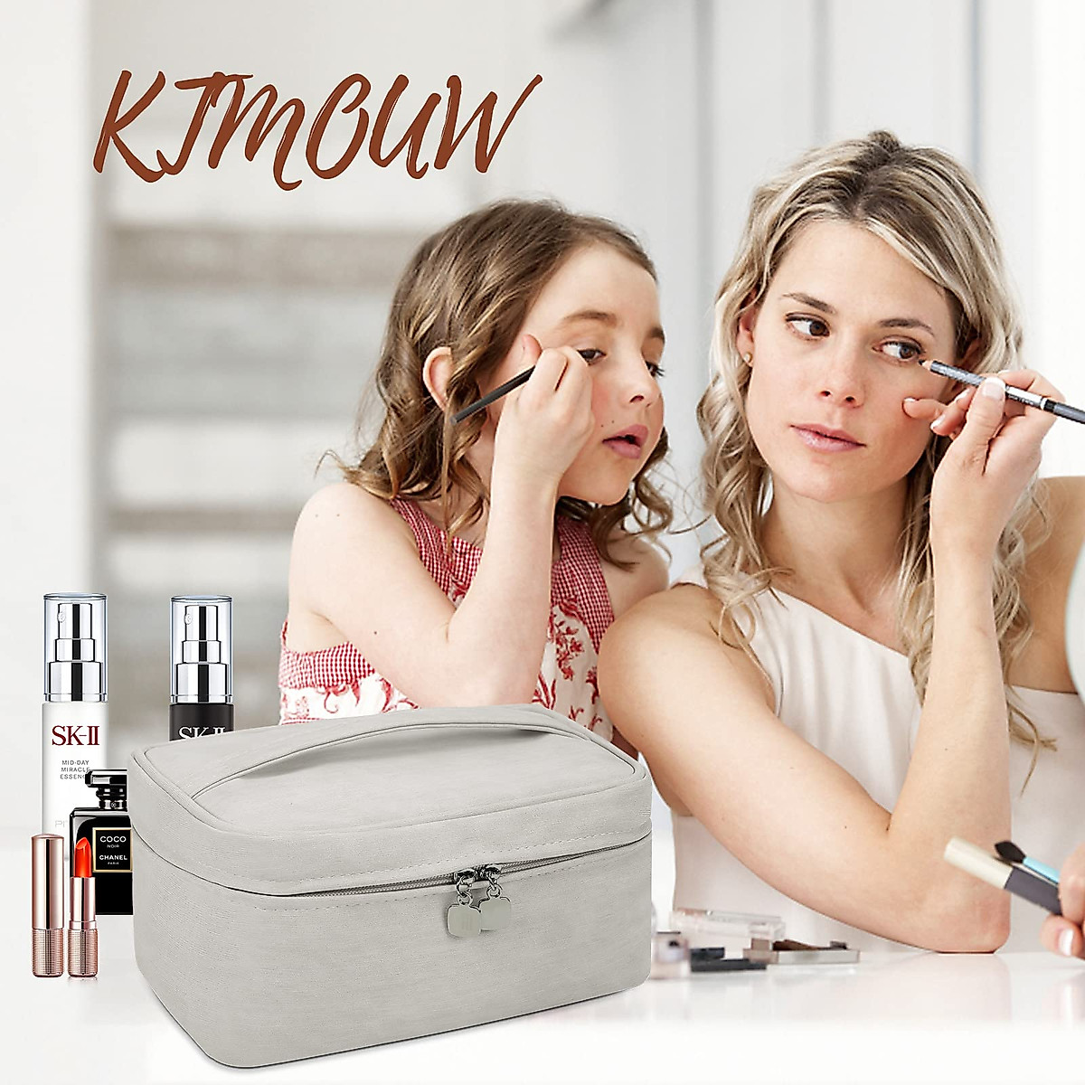 KTMOUW Makeup Bag Waterproof Cosmetic Bag Leather Makeup Travel Bag Portable Makeup Brush Bag Multifunctional Makeup Organizer Bag for Women Girls, 2-Pack, Grey