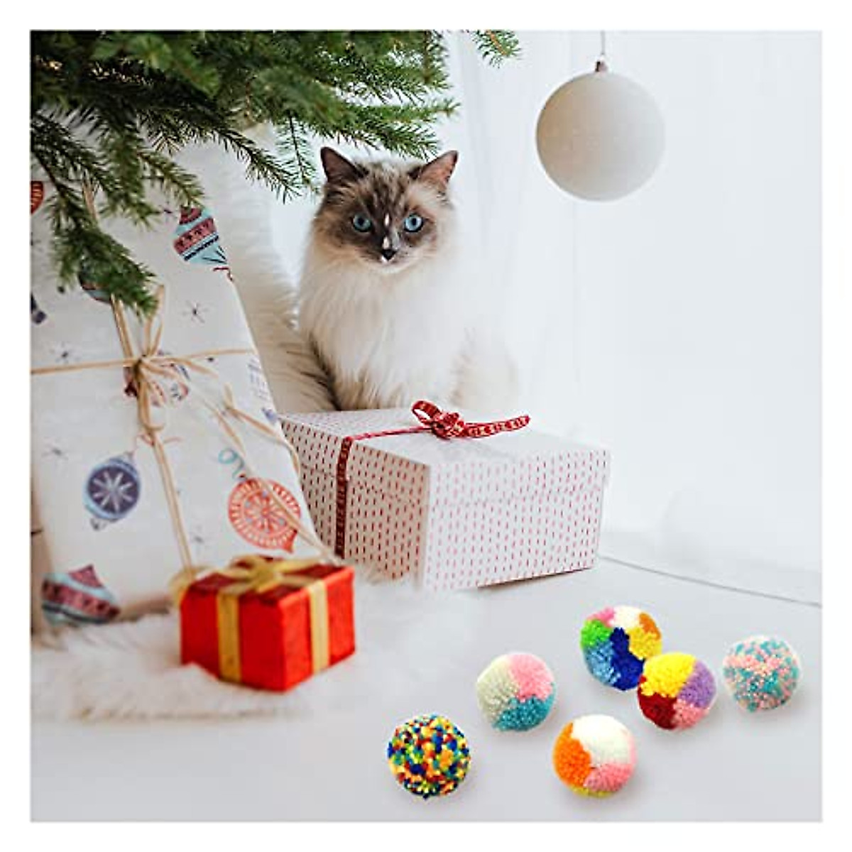 Andiker 6Pcs Assorted Color Cat Ball Toys, Woolen Yarn Puffs Cat Pom Pom Balls Interactive Kitten Chasing Toys