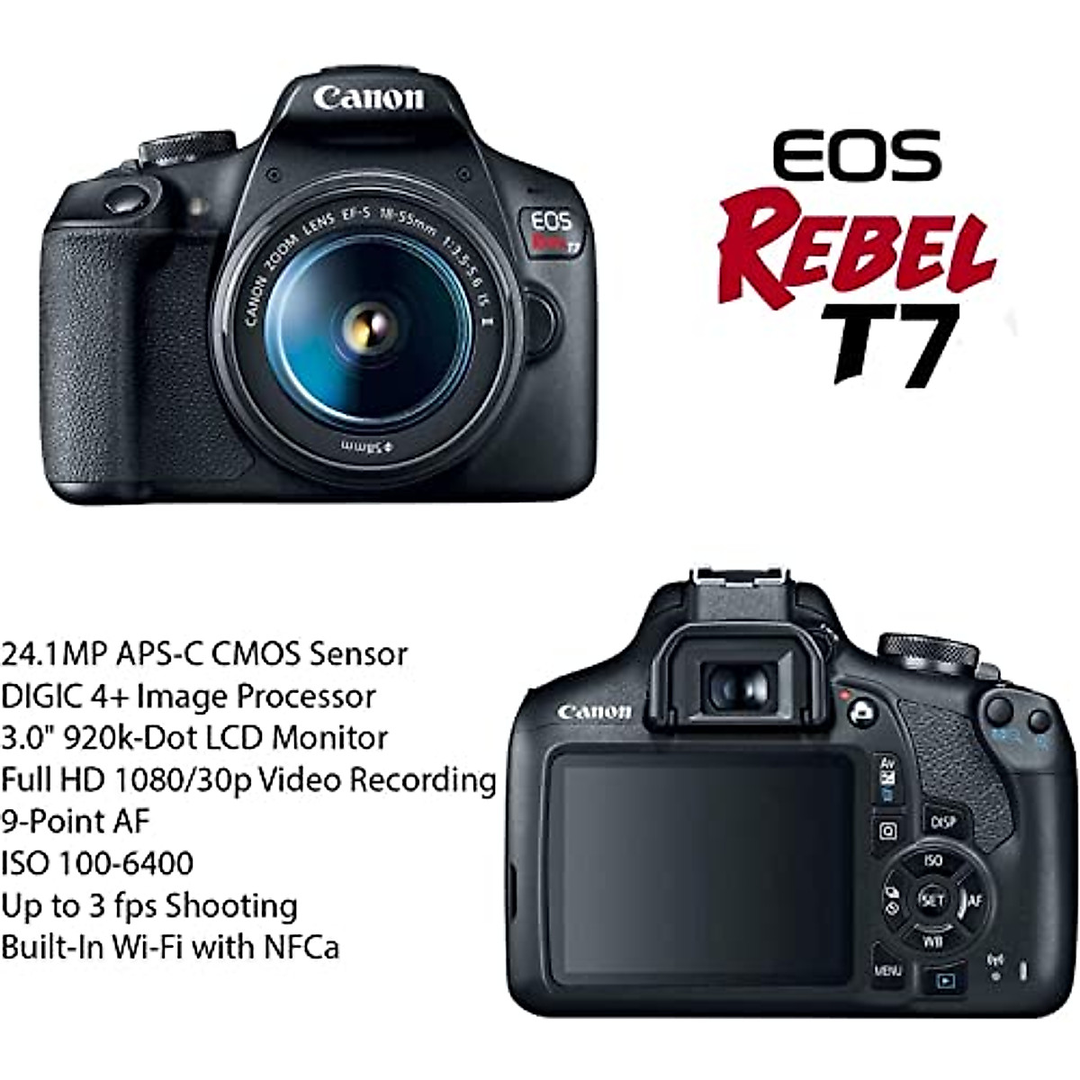 Canon EOS Rebel T7 DSLR Camera Bundle with Canon EF-S 18-55mm is II Lens Bundle + 2pc SanDisk 32GB Memory Cards + Accessory Kit (Renewed)