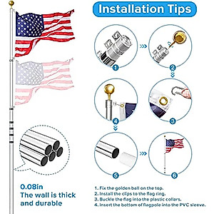 Elevens Telescopic Flag Pole Kit Outdoor In Ground Flagpole Garden Flag Pole Holder Heavy Duty Aluminum Telescopic Flagpole for Residential or Commercial,20ft
