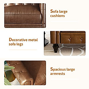 Kadway Brown Leather Sofa Couch, 89" Chesterfield Button-Tufted Couch for 3-4 Persons, Upholstered 3 Seater Couches, Large Sectional Sofa Couch, Deep Seat Sofa for Living Room Apartment Home Office