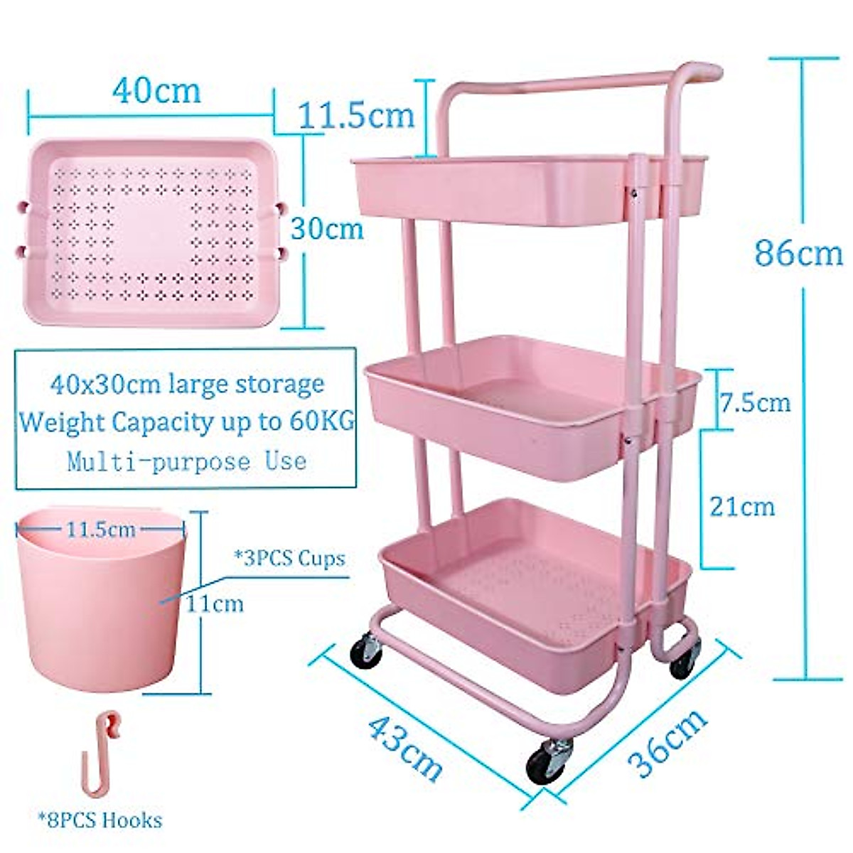 Piowio 3 Tier Utility Rolling Cart Multifunction Organizer Shelf Storage Cart with 3 Pieces Cups and 8 Pieces Hooks for Home Kitchen Bathroom Laundry Room Office Store etc. (Pink)