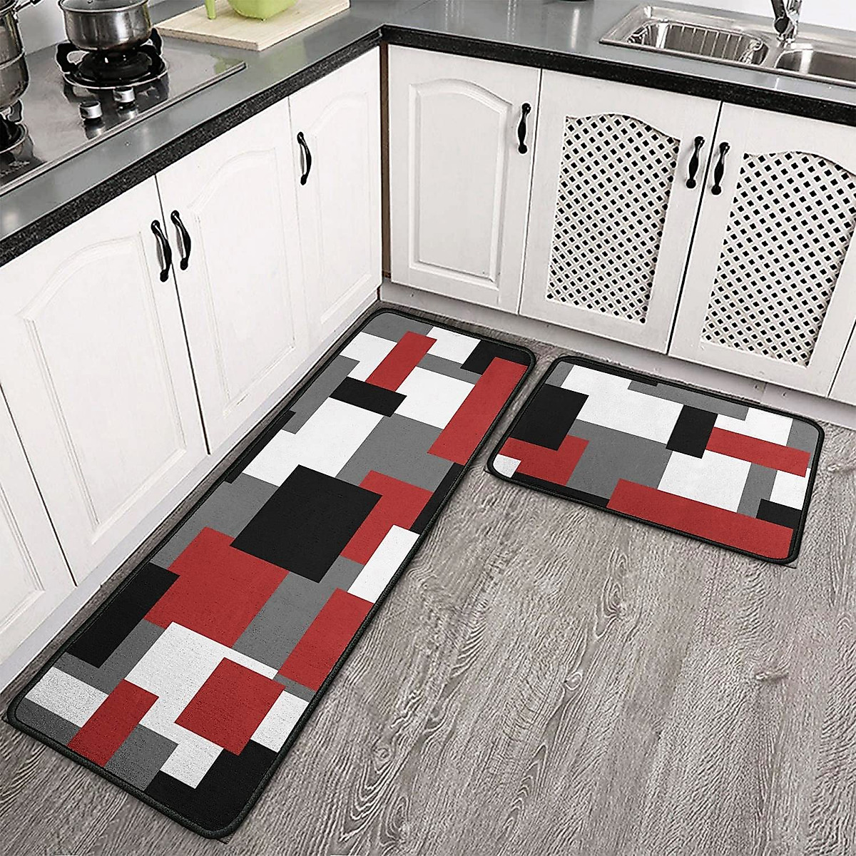 Red Black White Geometric Patterns Kitchen Rugs and Mats Set of 2,Modern Decoration Style Kitchen Mat Non-Slip Absorbent Mats for Sink Waterproof Runner Rug for Laundry Room 17x30+17x48inch