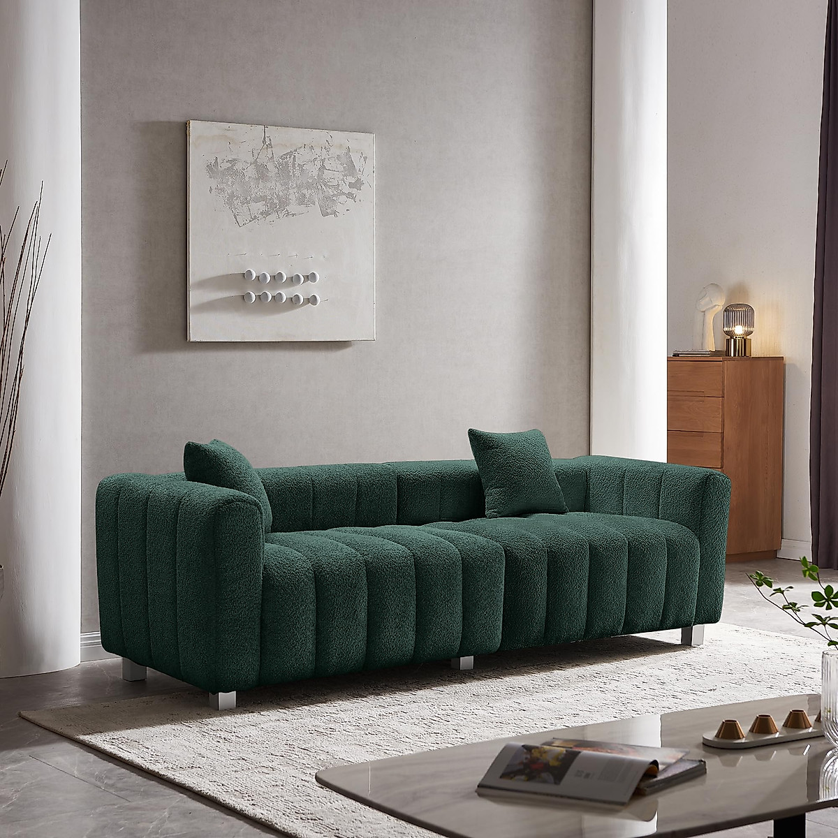 RXRRXY 87.4" Modern 3 Seater Sofa Couch for Living Room, Mid Century Fluffy Couches with Solid Wood Frame and 6 Legs for Bedroom, Apartment, Weight Capacity 750 LBS (Green)