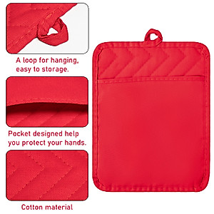 GROBRO7 4Pcs Silicone Extra Long Oven Mitt Pot Holder Set Heat Resistant Hot Pads Waterproof BBQ Gloves Machine Washable Pocket Potholder with Hanging Loop for Safe Kitchen Baking Cooking Grilling Red