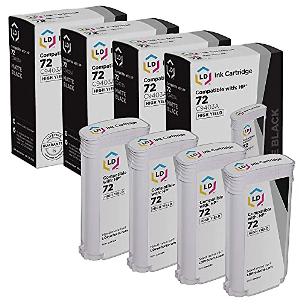 LD Products Compatible Replacements for HP 72 Ink Cartridge C9403A High Yield (Matte Black, 4-Pack) For use in DesignJet T1100, T1120, T1200, T610, T620, T770, SD Pro MFP, T1100ps, T1120 SD-MFP, T1300