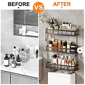 Fokyfok Over Toilet Bathroom Organizer, Over The Toilet Storage Shelf,Behind Toilet Shelf Rack,Above Toilet Storage, Back of Toilet Organizer,3 Tier Metal Black Large