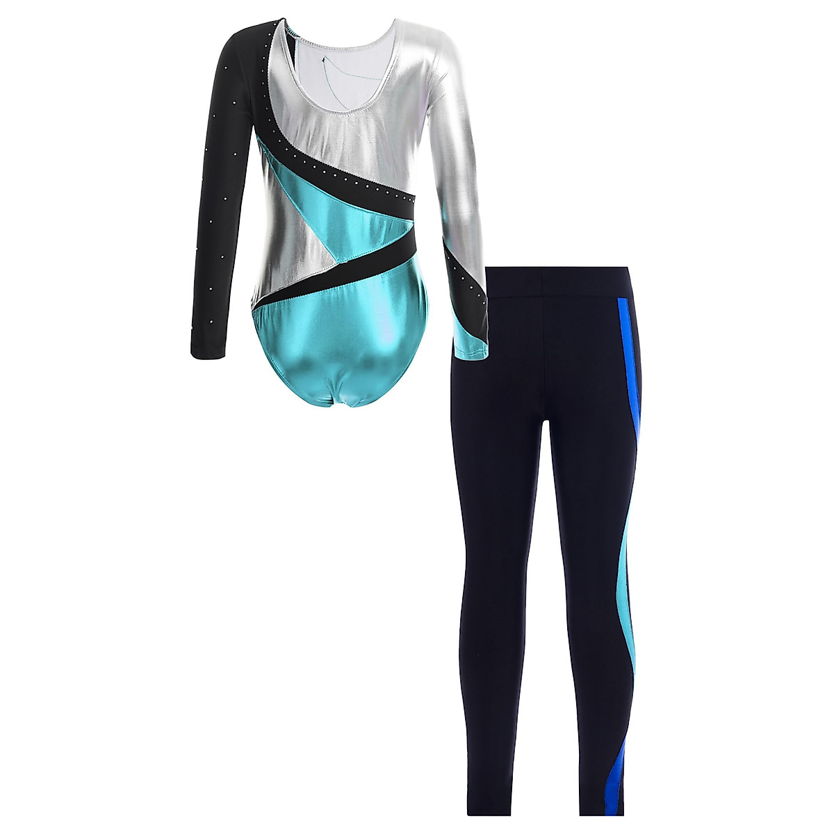 JEATHA Kids Girls Skating Dance Outfits Long Sleeve Gymnastics Leotard with Yoga Leggings Pants Set Activewear Blue A 12 Years