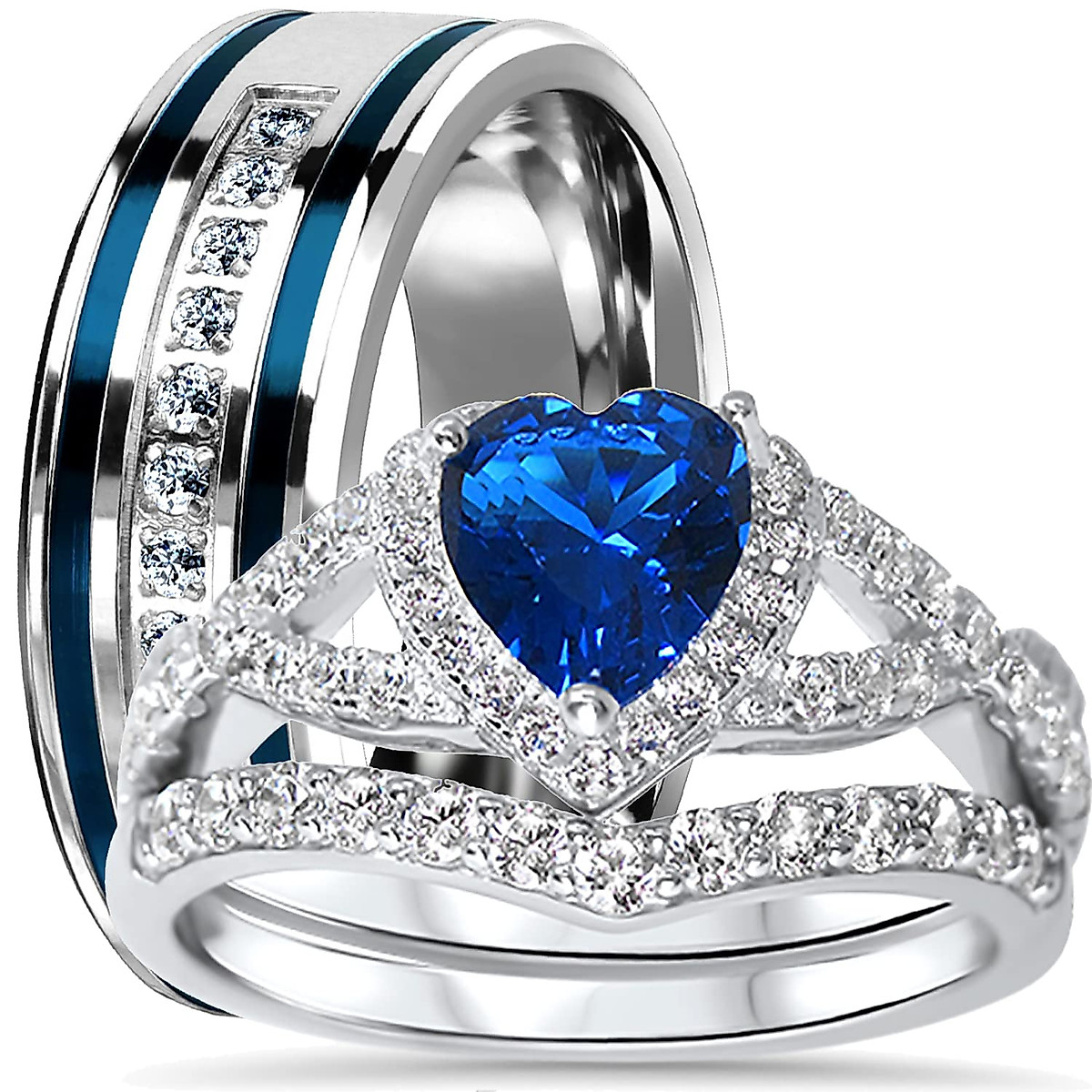 LaRaso & Co His Hers Sterling Blue Sapphire CZ Bridal Wedding Band Engagement Ring Set Him Her Thin Blue Line