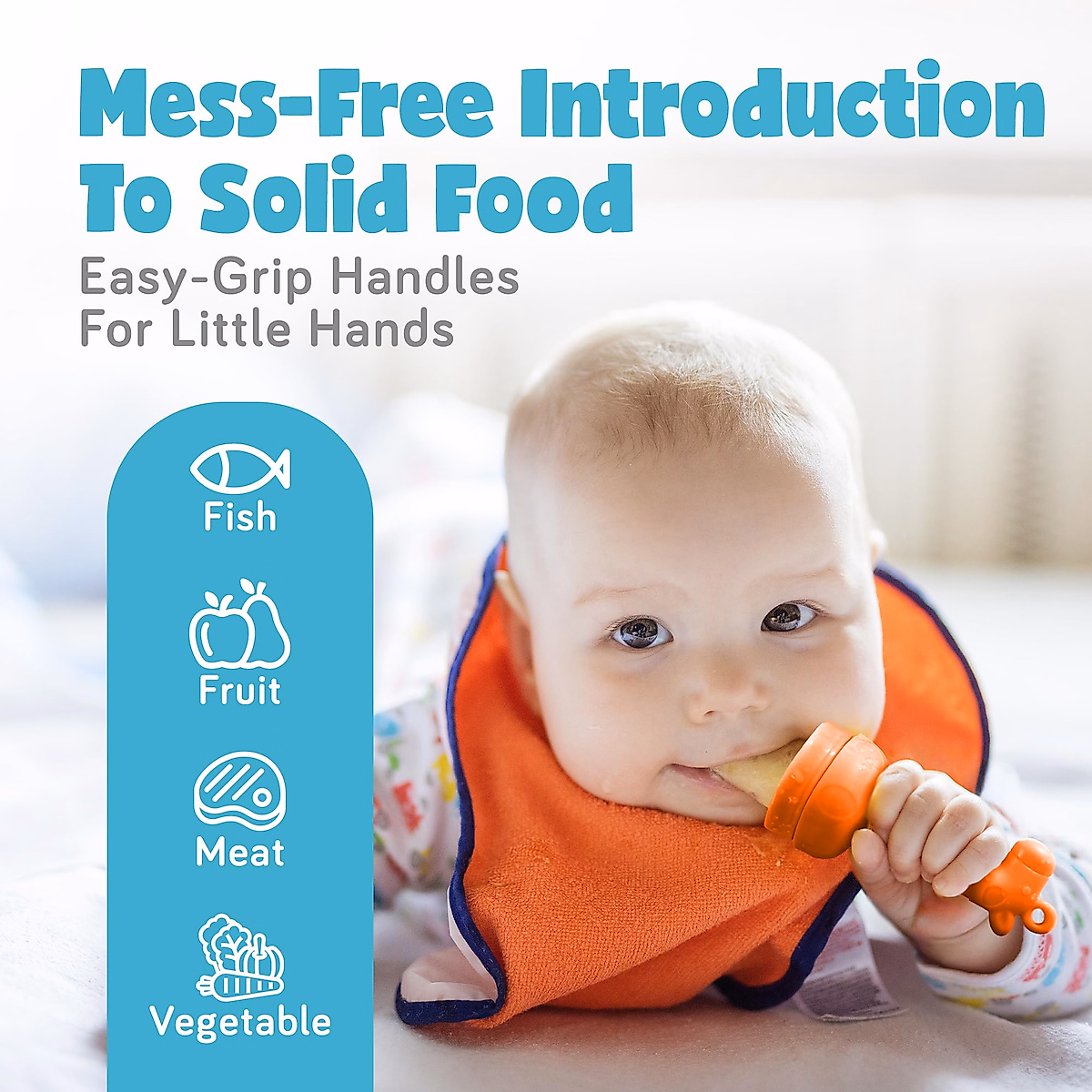 Baby Fruit Feeder, Teething Pacifier for Fruits, Veggies, or Frozen Milk, Food-Grade Silicone Teethers for Babies 6-12 Months, Baby Essentials for Teething Relief - Mango Orange and Berry Blue