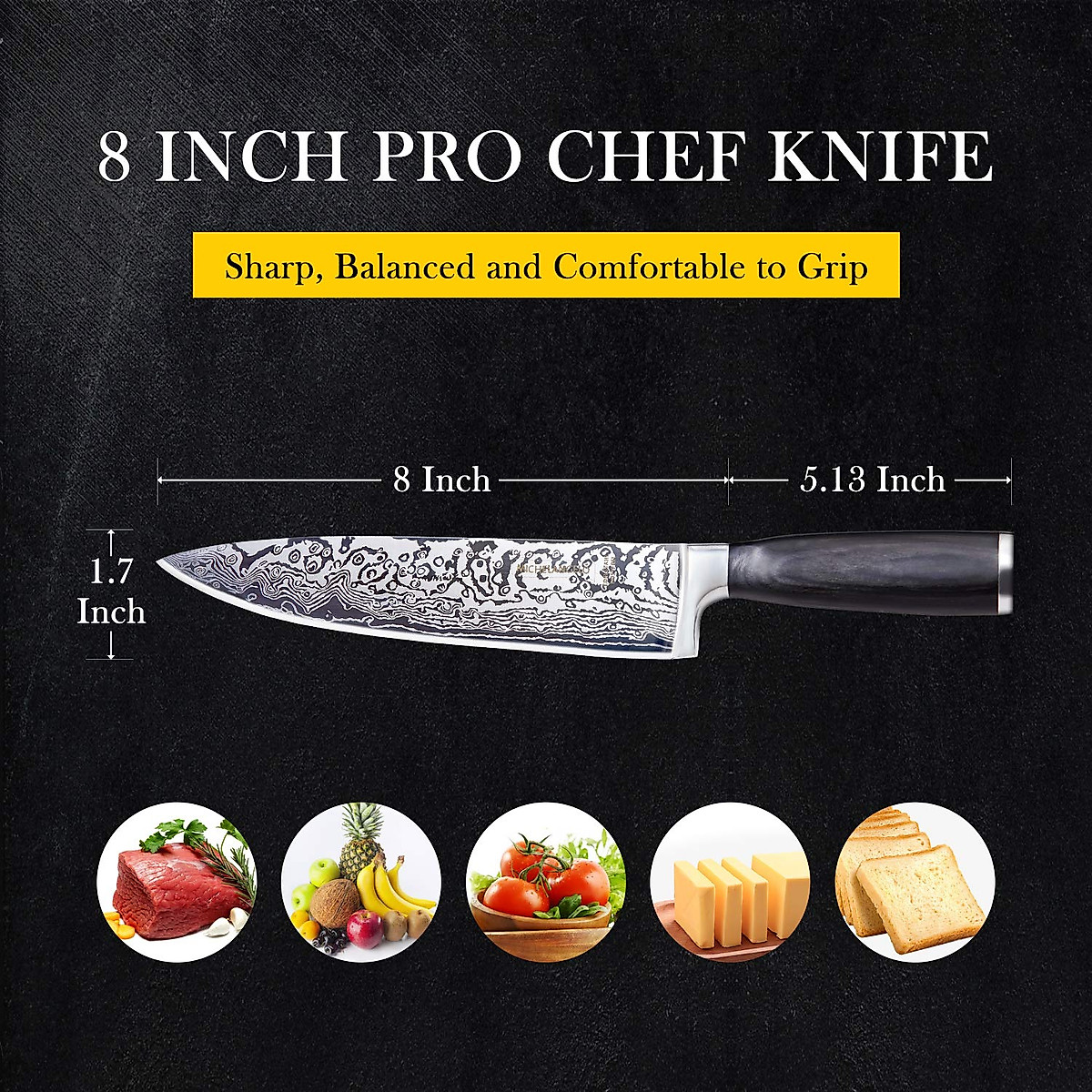 MICHELANGELO Super Sharp Professional Chef's Knife with Etched Pattern, High Carbon Stainless Steel Japanese Knife, Chef Knife for Kitchen